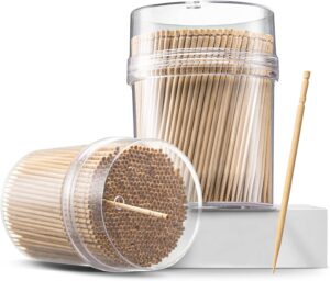 prestee 2000ct wooden toothpicks + reusable toothpick holder container, light wood toothpicks - sturdy smooth finish bamboo tooth picks for teeth, party cocktail picks, toothpicks wood for appetizers