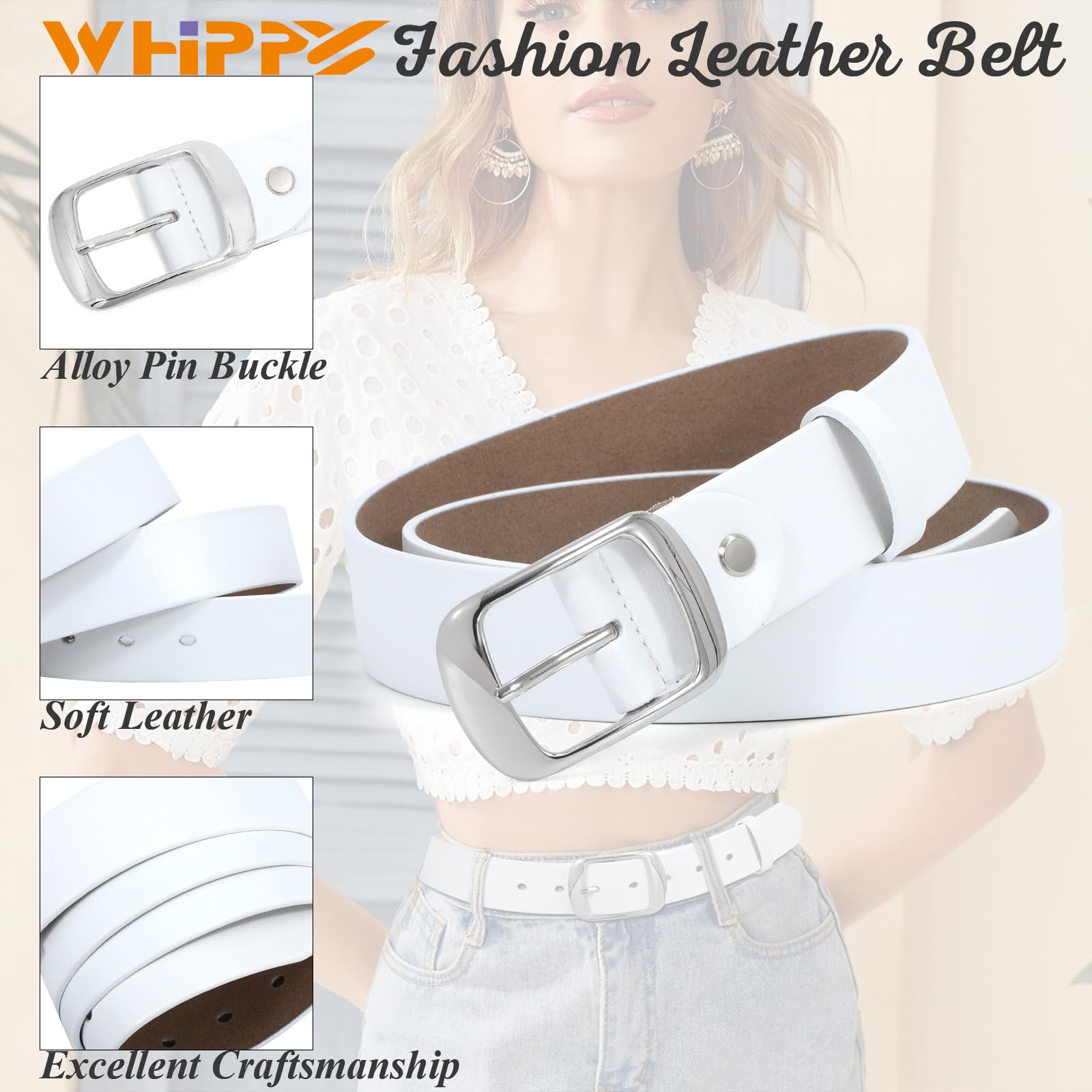 WHIPPY Women Leather Belts for Jeans Pants Fashion Dress Belt for Women with Solid Pin Buckle, White, M