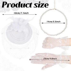 Hicarer 50s Fascinator Hat for Women Funeral Veil Hat Pillbox Cocktail Tea Party Headpiece and Lace Glove Pearl Necklace(White, Silver)