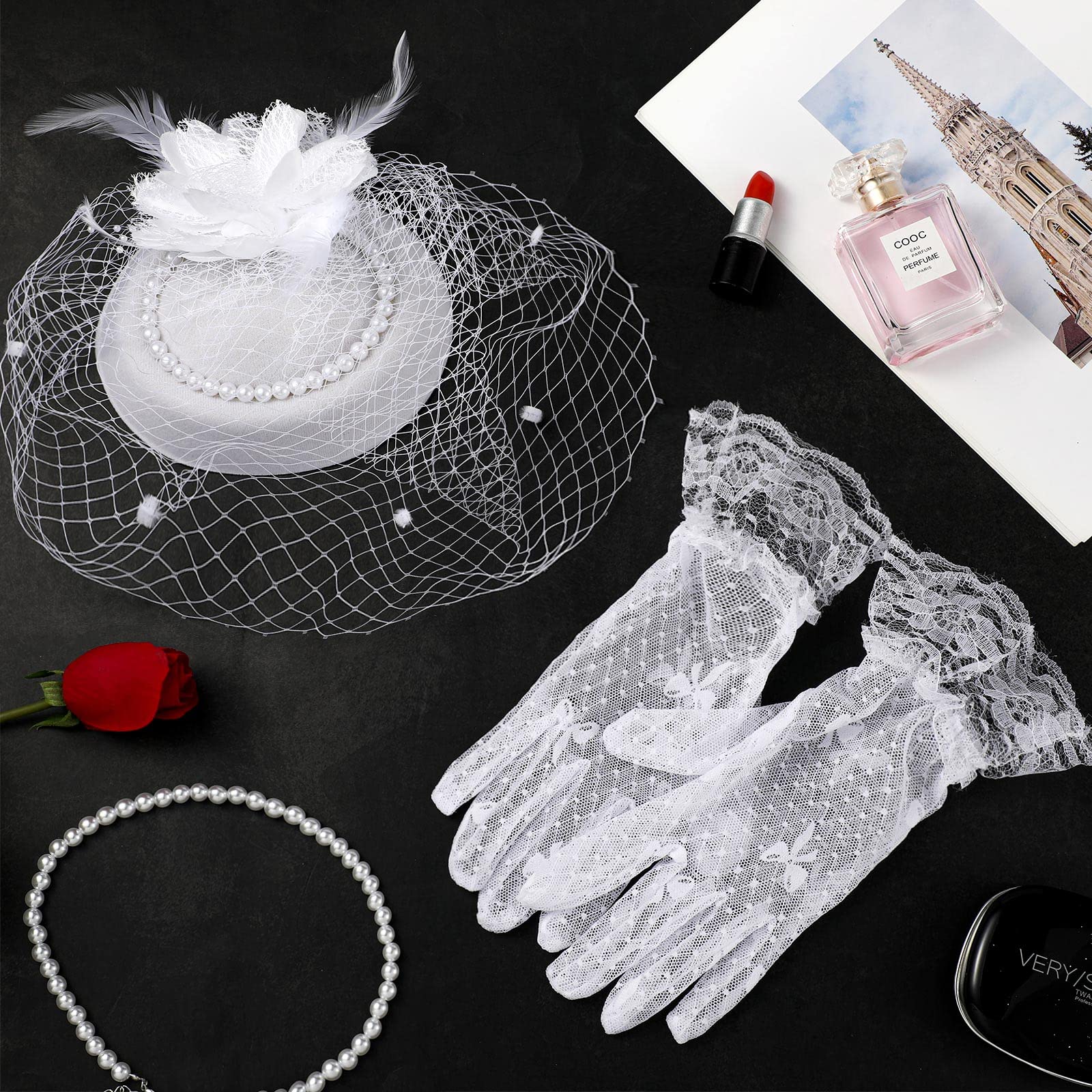 Hicarer 50s Fascinator Hat for Women Funeral Veil Hat Pillbox Cocktail Tea Party Headpiece and Lace Glove Pearl Necklace(White, Silver)