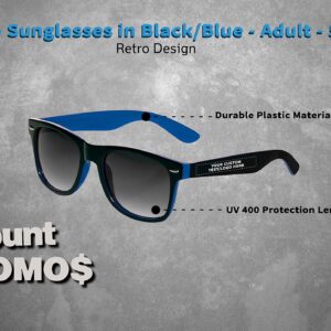 DISCOUNT PROMOS Custom Monaco Sunglasses Set of 100, Personalized Bulk Pack - Reusable, Perfect for Party, Beach, Pool, Outdoor Events - Black Blue