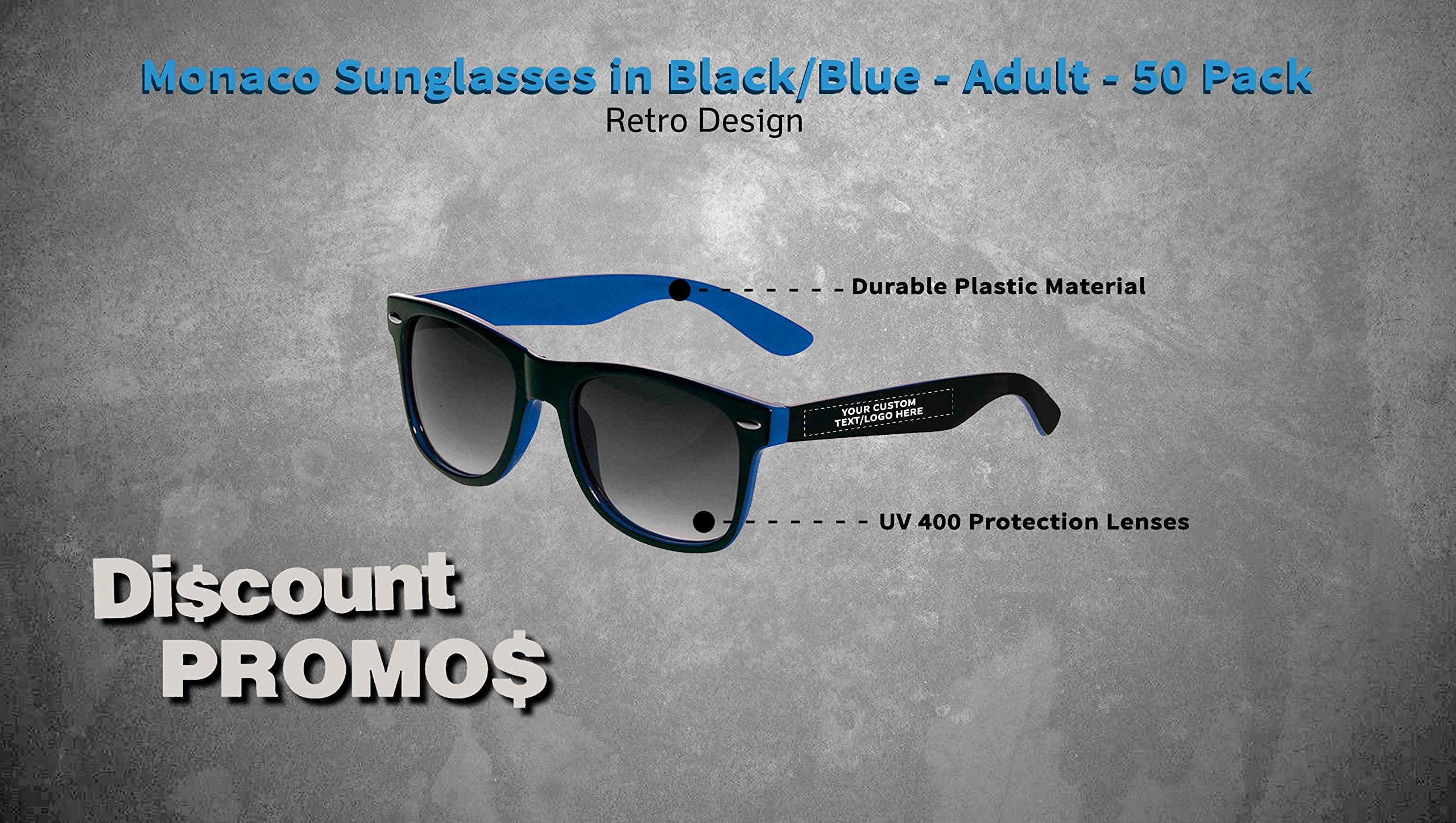 DISCOUNT PROMOS Custom Monaco Sunglasses Set of 100, Personalized Bulk Pack - Reusable, Perfect for Party, Beach, Pool, Outdoor Events - Black Blue