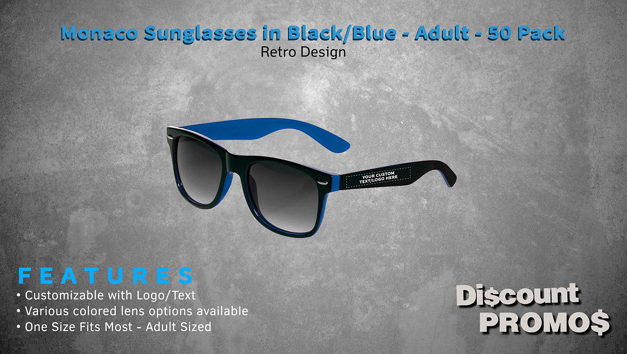 DISCOUNT PROMOS Custom Monaco Sunglasses Set of 100, Personalized Bulk Pack - Reusable, Perfect for Party, Beach, Pool, Outdoor Events - Black Blue