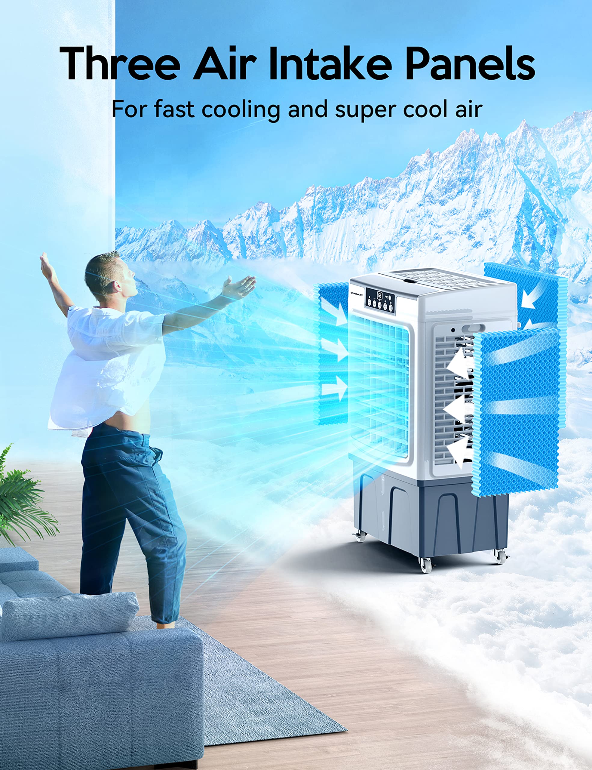 Evaporative Cooler, VAGKRI 2100CFM Air Cooler, 120°Oscillation Swamp Cooler with Remote Control, 24H Timer, 3 Wind Speeds for Outdoor Indoor Use,8 Gallon