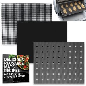 reusable liners for toaster oven air fryer 9 x 11 accessories compatible with breville, black & decker, cuisinart, emeril lagasse + more, perforated non-stick mats for baking, cooking, oven rack