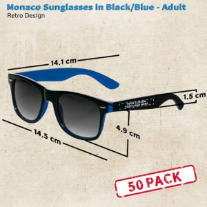 DISCOUNT PROMOS Custom Monaco Sunglasses Set of 100, Personalized Bulk Pack - Reusable, Perfect for Party, Beach, Pool, Outdoor Events - Black Blue