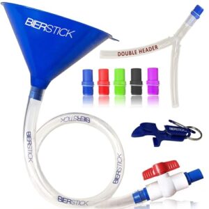 beer bong tube and funnel with valve, optional single or double header y-attachment, 5 interchangeable mouthpieces, shotgun keychain tool - kink-free hose for bierstick beerbong