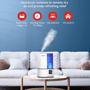 Humidifiers for Bedroom, Upgrade 4L Cool Mist Humidifiers with Humidistat, PARIS RHÔNE Smart Vaporizer humidifier for Home Large Room, LED Display, Quiet Operation, Sleep Mode, 24H Timer, Night Light