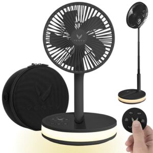 venty original portable fan - wireless battery operated fan with 4 speeds, led lighting, carry case & remote control - premium travel rechargeable fan & power bank with usb & usb-c ports (black)