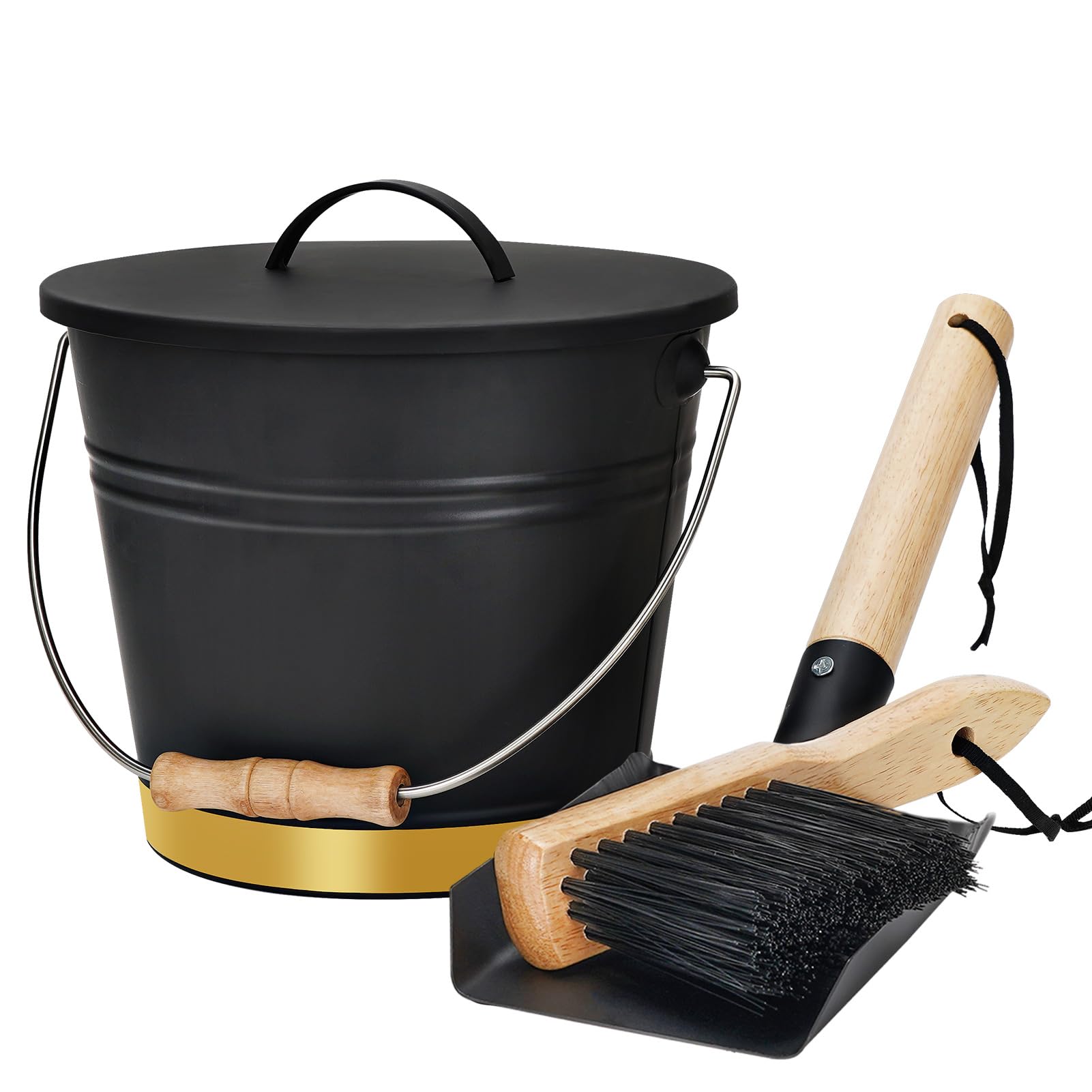 Mini Ash Bucket with Lid,Shovel & Hand Broom,Galvanized Steel Metal Charcoal Container, Coal Bucket with Handle,Tool Set Accessories for Fireplace Indoor & Outdoor, Fire Pit, Wood Burning Stove.Golden