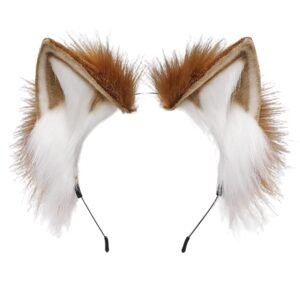 bnlides handmade fur fox wolf cat ears headwear women men cosplay costume party cute head accessories for halloween (khaki white)