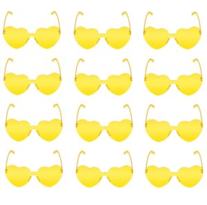 jftown 12 pairs heart shape rimless valentines sunglasses candy color frameless one piece love glasses for women party favor (yellow)