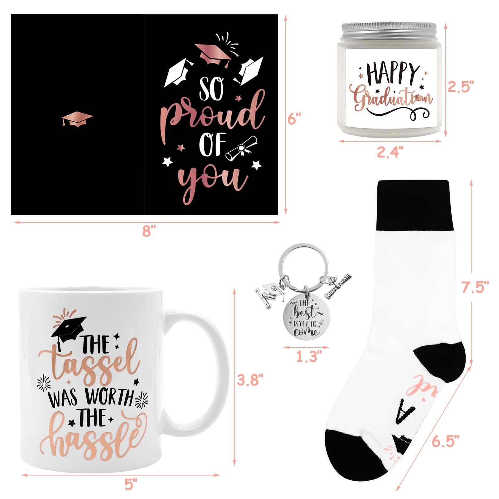 Graduation Gift Set for Her Congratulations Present Box for Girl Women Girlfriend Sister Coffee Mugs Socks Key Chain Candle Card Rose Gold