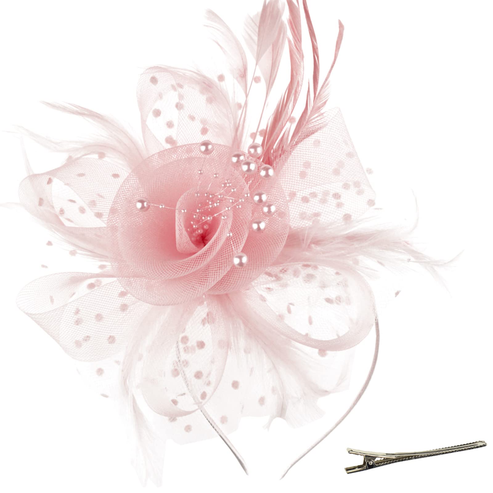 DRESHOW Fascinators Hat Flower Mesh Ribbons Feathers on a Headband and a Clip Tea Party Headwear for Girls and Women