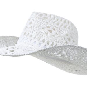 EOZY Men & Women's Summer Cowboy Cowgirl Straw Hat Hollow Out Woven Roll Up Wide Brim Hat/White