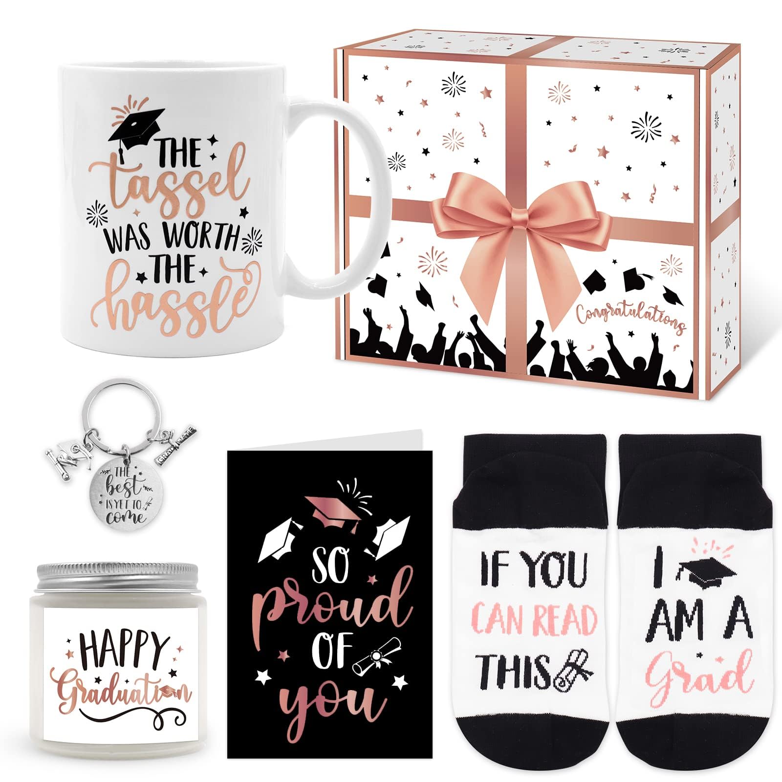 Graduation Gift Set for Her Congratulations Present Box for Girl Women Girlfriend Sister Coffee Mugs Socks Key Chain Candle Card Rose Gold