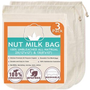 nut milk bag cloth strainer for food, 3 pack 12" (2 of 12"x12" + 1 of 10") organic reusable kitchen premium fine mesh cheesecloth, sprouting, juicing