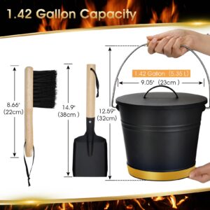 Mini Ash Bucket with Lid,Shovel & Hand Broom,Galvanized Steel Metal Charcoal Container, Coal Bucket with Handle,Tool Set Accessories for Fireplace Indoor & Outdoor, Fire Pit, Wood Burning Stove.Golden