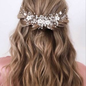 GORAIS Flower Bride Wedding Hair Vine Silver Rhinestone Bridal Headpiece Pearl Hair Piece Crystal Hair Accessories for Women and Girls