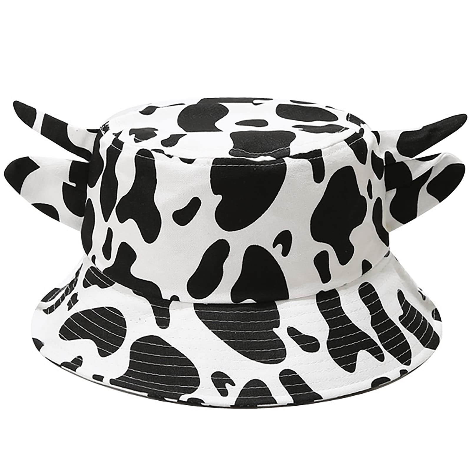 Cow Print Bucket Hat Beach Sun Hat Fishing Hat for Women Men Summer Sun Protection Fisherman Hat with Horns Ears