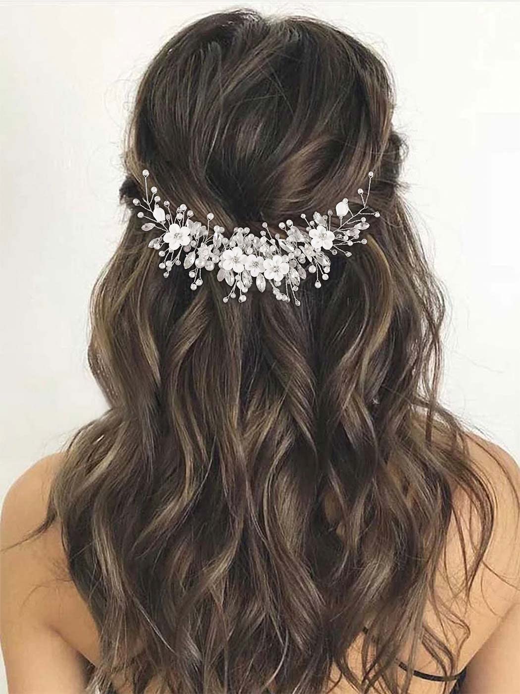 GORAIS Flower Bride Wedding Hair Vine Silver Rhinestone Bridal Headpiece Pearl Hair Piece Crystal Hair Accessories for Women and Girls