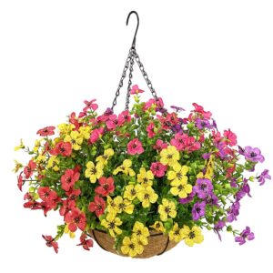 lesrant artificial flowers in basket,artificial hanging baskets with flowers for outdoor indoor courtyard decor,12 inch coconut lining basket for patio garden porch deck decoration