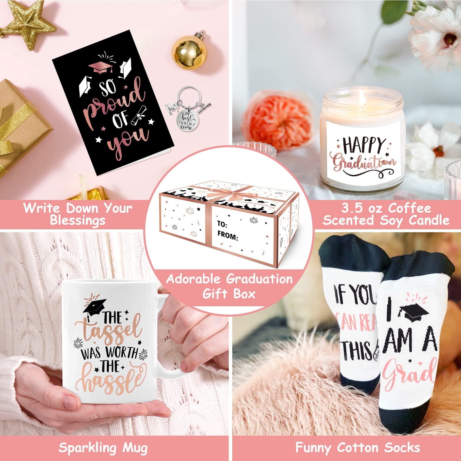 Graduation Gift Set for Her Congratulations Present Box for Girl Women Girlfriend Sister Coffee Mugs Socks Key Chain Candle Card Rose Gold