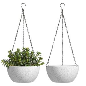 t4u 10 inch hanging planters for indoor outdoor plants - 2 pack plastic hanging flower plant pot with drainage hole, round hanging plant basket for home garden porch balcony patio decor (white)