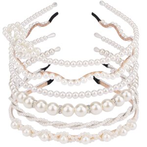 amcami white pearl rhinestones sparkly beaded hair accessories: 6 pcs headbands, hair hoops for women, girls - diademas para mujer de moda