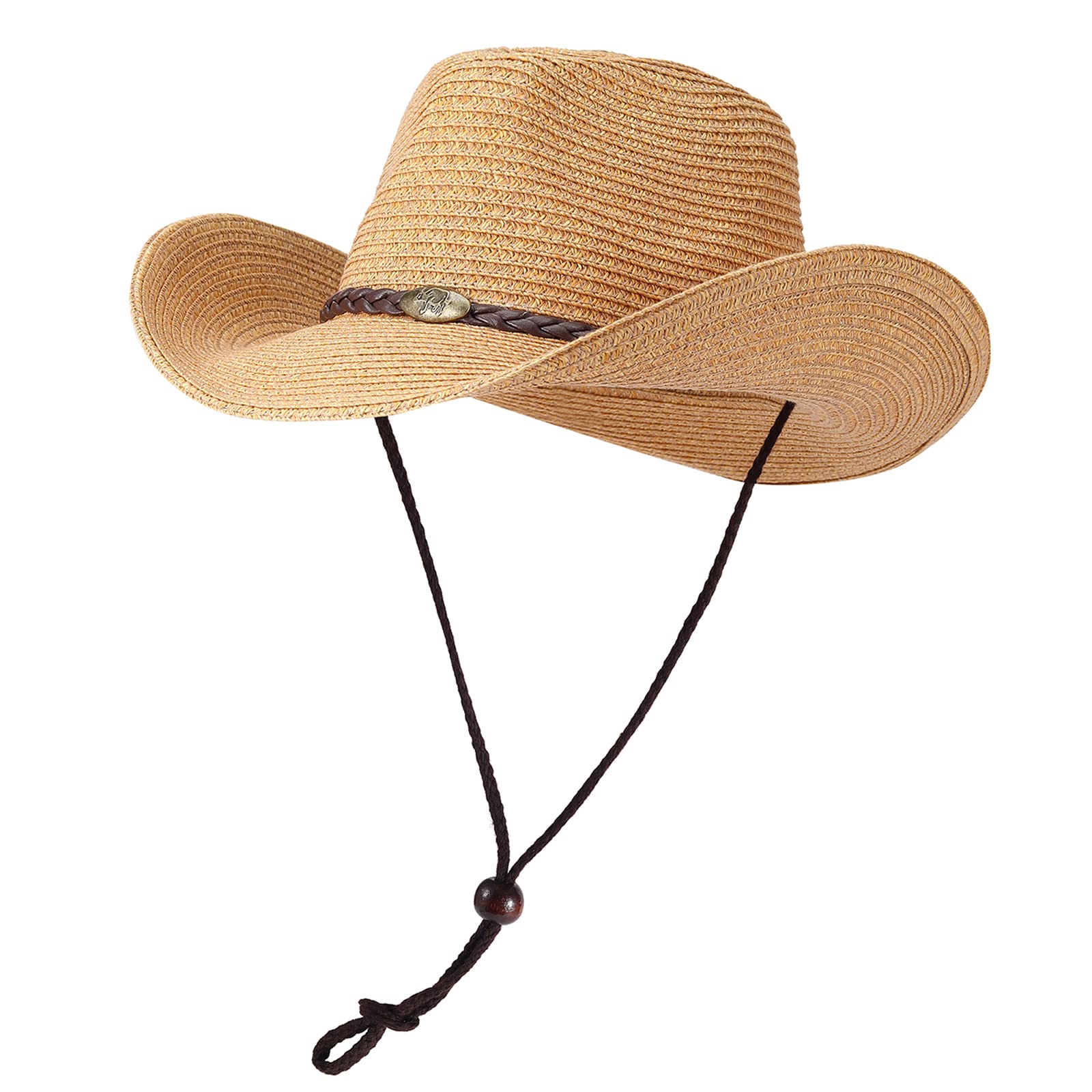 Womens Straw Cowboy Hat Western Beach Sun Hat for Men Wide Brim Fedora Hat Portable Cowgirl Hats Summer Panama Hat Coffee