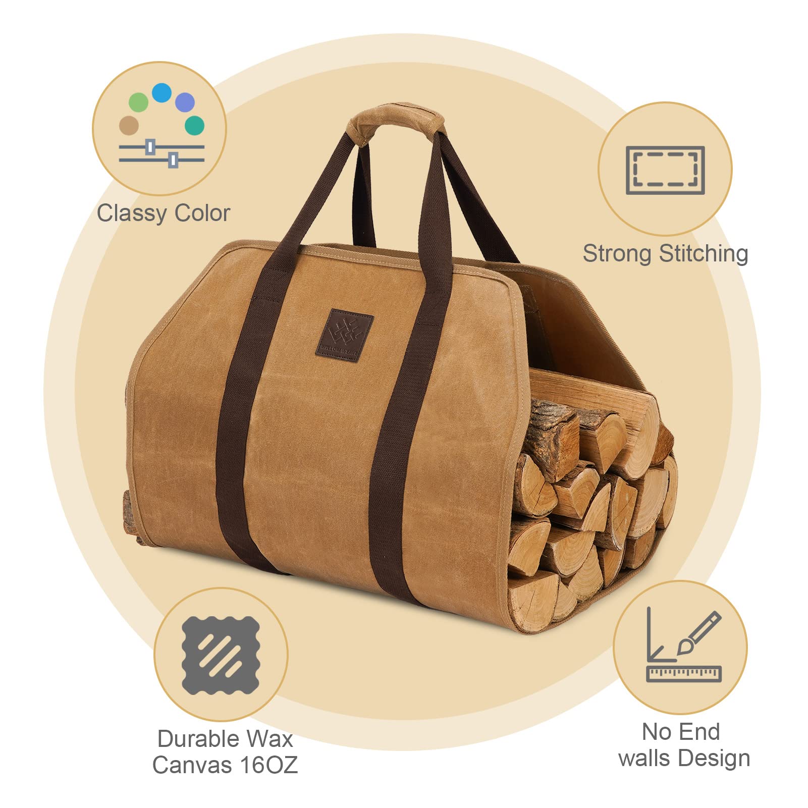 WILLOW WEAVE Firewood Carrier Bag, Khaki Color, Water-Resistant, 40" L x 19" W, with Padded Handle, Cross-Stitched Straps, Foldable Design