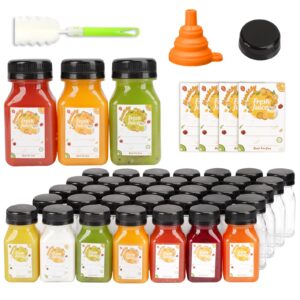 tomnk 4oz plastic juice bottles, 35pcs shot bottles with caps, reusable clear bottles with label, funnel and brush beverage containers bulk with lids for juicing, smoothies, drinking