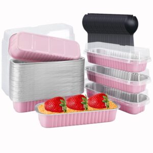 lnyzqus mini loaf pans with lids 50 pack, 6.8oz rectangle aluminum foil baking pans tins containers,disposable ramekins baking cups muffin tins cupcake cups for mini cake bread loaf -pink