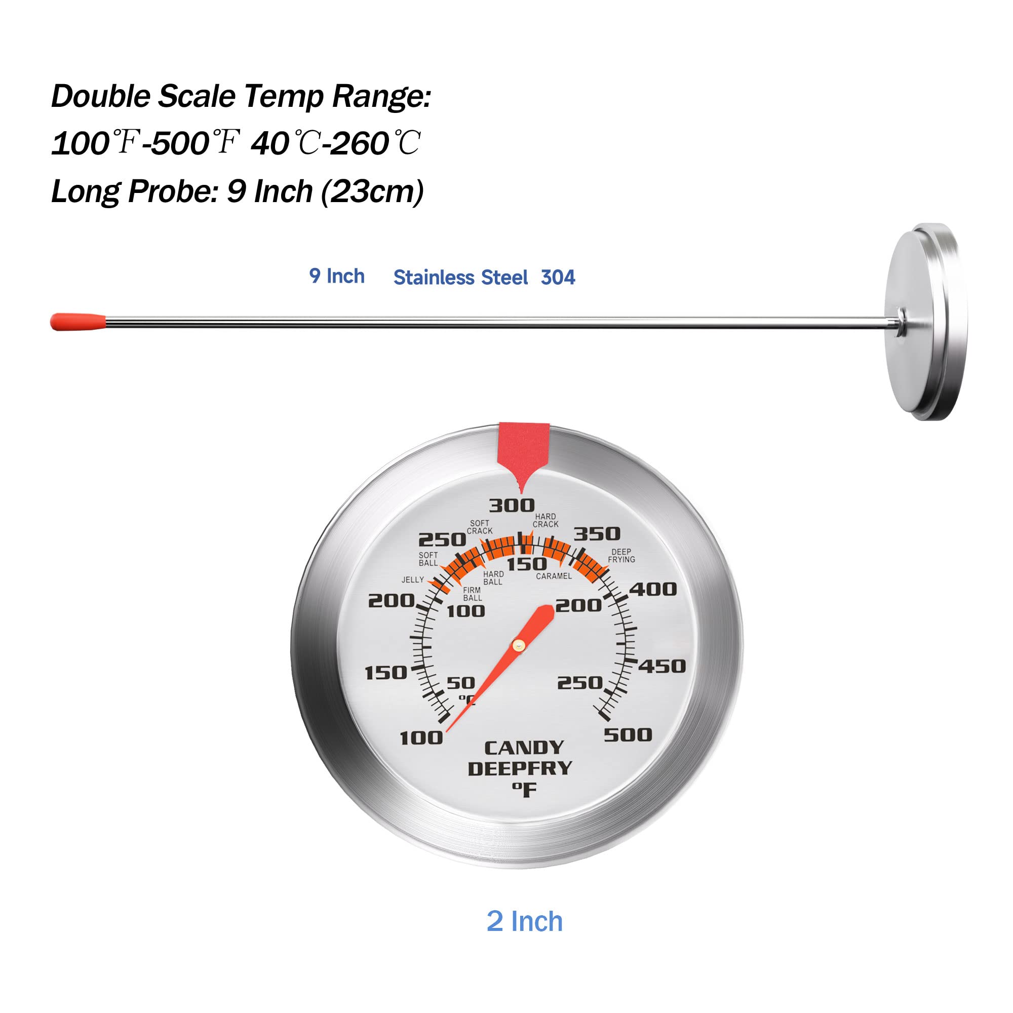 Candy Thermometer Deep Fry/Jam/Sugar/Syrup/Jelly Thermometer with Stainless Steel Large 2" Dial & 9" Accurate Sensitive Long Probe Oil Thermometer Cooking Thermometer