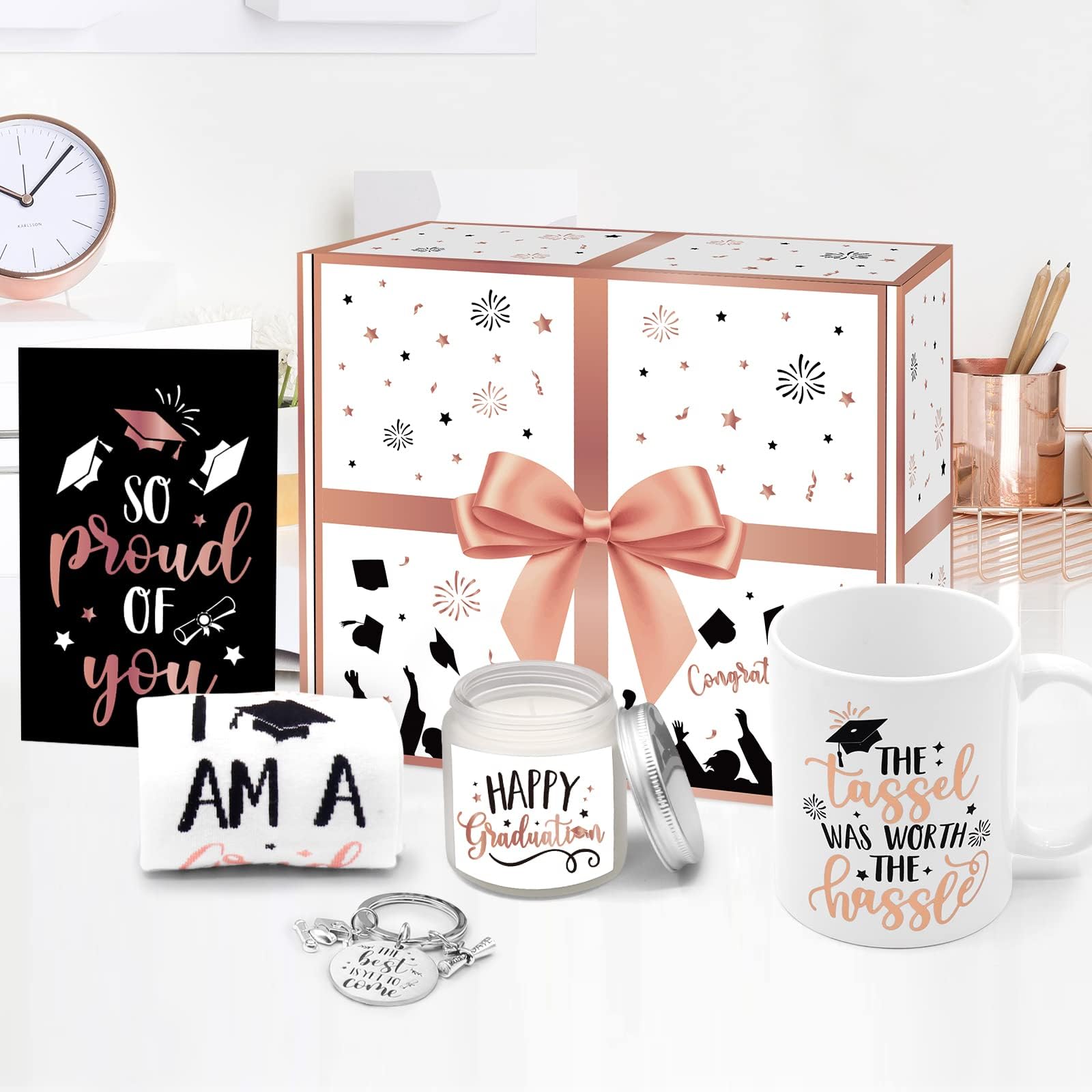 Graduation Gift Set for Her Congratulations Present Box for Girl Women Girlfriend Sister Coffee Mugs Socks Key Chain Candle Card Rose Gold