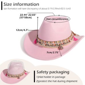 Gossifan Women Men Western Cowboy Cowgirl Hat Fedora Hat with Belt-Tassel Pink