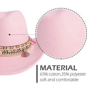 Gossifan Women Men Western Cowboy Cowgirl Hat Fedora Hat with Belt-Tassel Pink