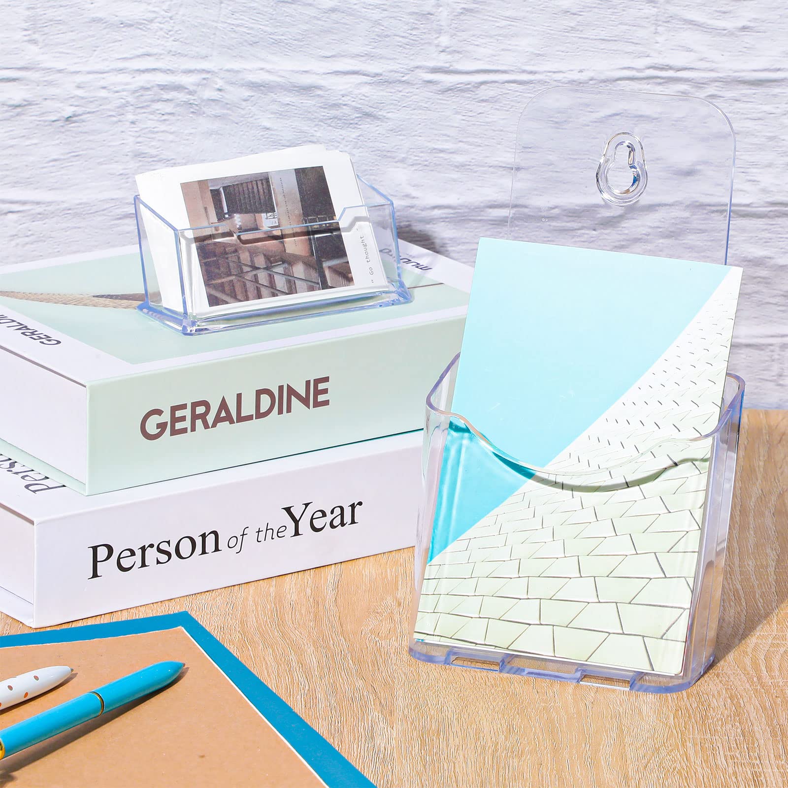 10 Pcs Clear Acrylic Brochure Holder Booklet Display Stand Holder 10 Pcs Plastic Business Card Holder Desktop Business Card Stand 12 Pcs Adhesive Hooks for Wall Office Tabletop Desk Magazine Document