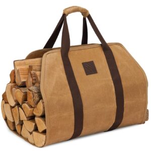 willow weave firewood carrier bag, khaki color, water-resistant, 40" l x 19" w, with padded handle, cross-stitched straps, foldable design