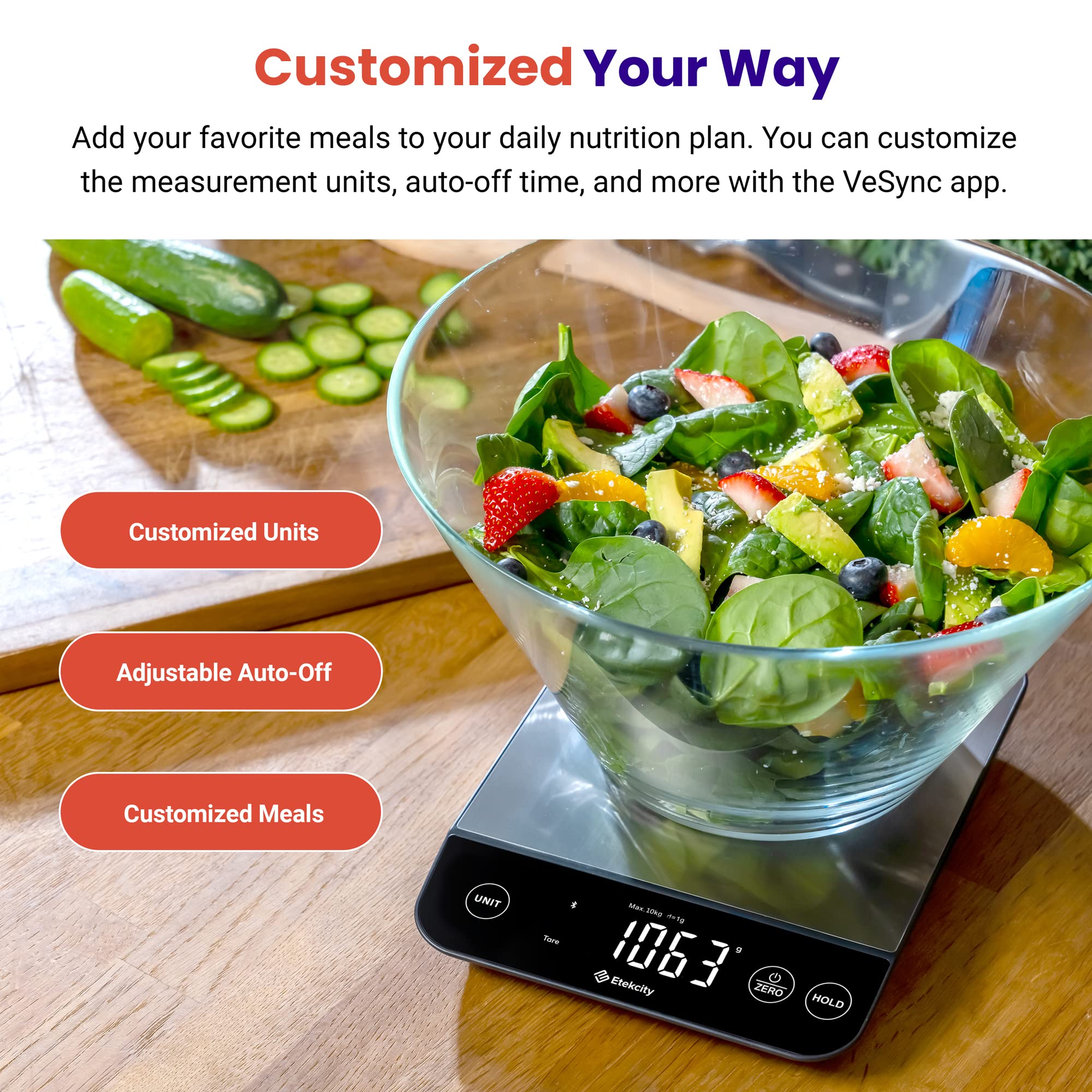 Etekcity Food Nutrition Scale, Smart Food Scale for calorie count, IPX6 Waterproof, Rechargeable, Bluetooth, Ounces and Grams for Weight Loss, Cooking, 304 Stainless Steel, Luminary 22lb