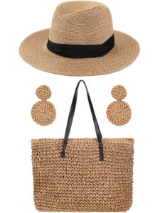 coume straw large beach bag for women's woven beach bag and beach hats set beach earring handmade shoulder bag handbag bohemia set(khaki)