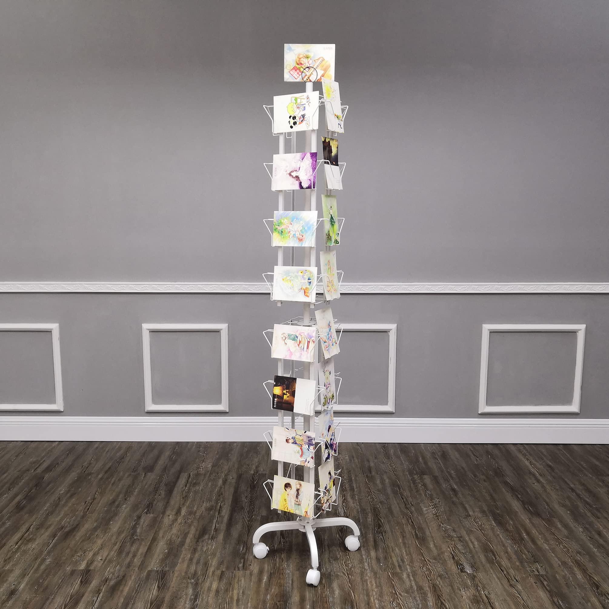 32 Adjustable Pockets Display Rack 5x7 7x5 up to 8.5" Wide X 8" Tall Cards, 1.27" deep Pockets, Double Tier Greeting Post Card Christmas Holiday Spinning Rack Stand White 10095-WHITE-NF