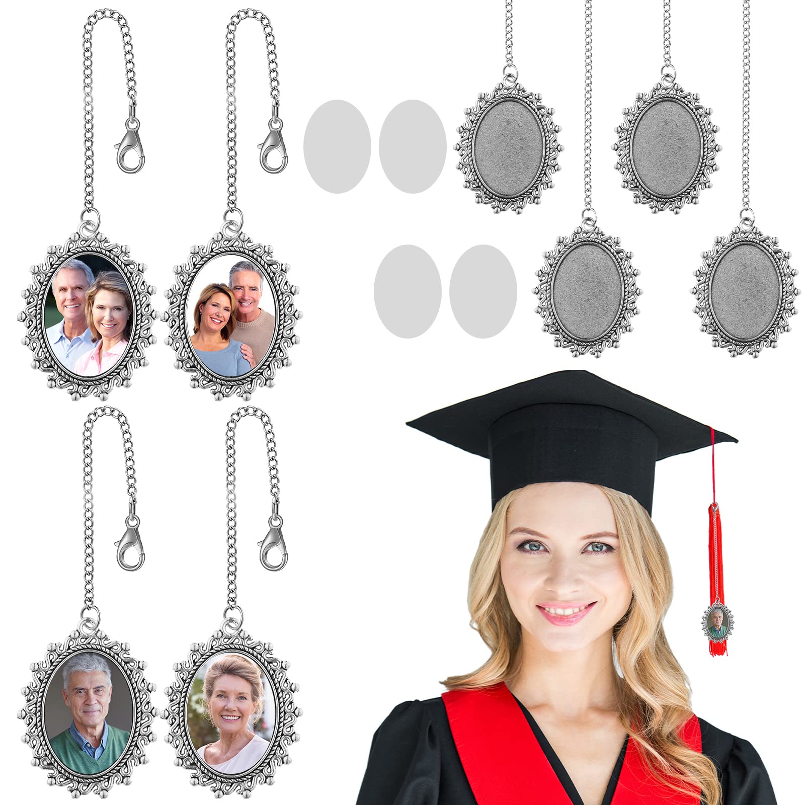 Sureio Graduation Cap Photo Charm Oval Graduation Cap Decorations Sublimation Tassels Graduation Photo Charm for Cap and Gown Ceremony Picture Decorations(4 Pieces)