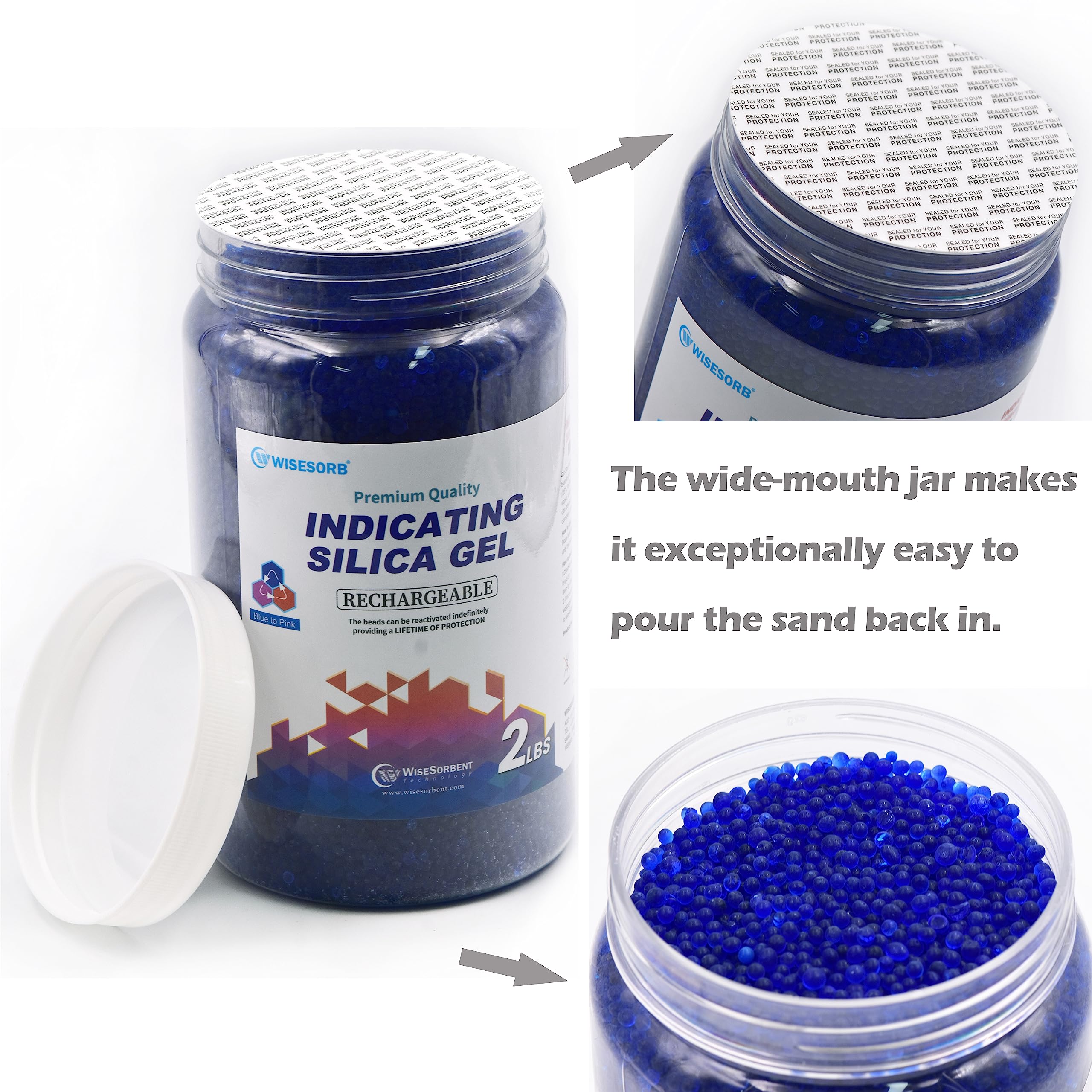 Wisesorb Silica Gel 2 LBS, Indicating Silica Beads (Blue to Pink), Reusable Silica Gel Desiccant Dehumidifier