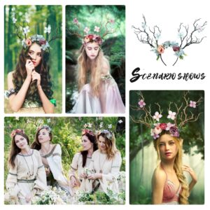 FRESHME Fairy Antlers Flower Crown - Handmade Elf Deer Reindeer Headbands Headpiece for Women Renaissance Cosplay Accessories