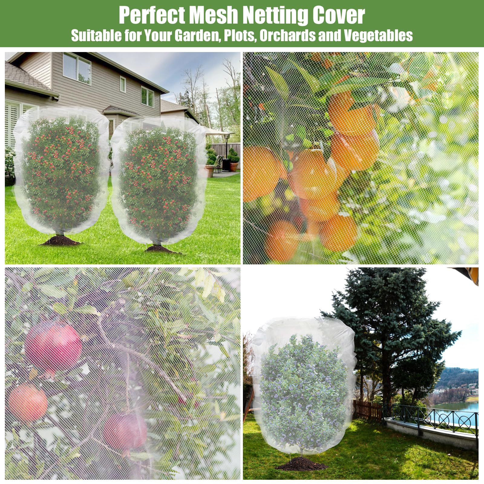 TMFsode 3 Pack Insect Bird Barrier Mesh Netting with Drawstring, 4.9 Ft x 3.2 Ft Blueberry Bush Netting, Protective Garden Mesh Plant Covers for Tomatoes, Fruit Tree, Flowers, Vegetables