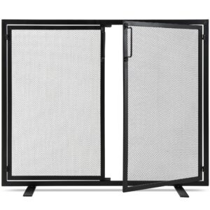 best choice products 38.5x31in 2-door fireplace screen, handcrafted wrought iron decorative mesh geometric fire spark guard w/magnetic panels - black