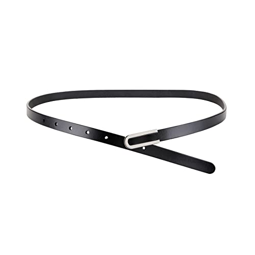 Women's Belt Fashion Skinny Slim Soft Genuine Leather Belts Waistband Thin Waist Belt Silver Chrome Color Alloy Buckle, 2-Pack, Black & White, For Waist 28"- 34", Women Size S-M, 4-6