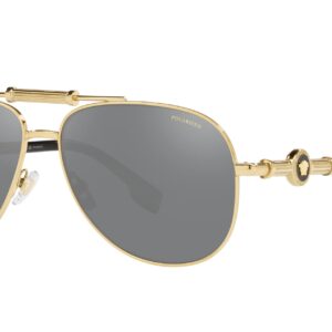 Versace Unisex Sunglasses Gold Frame, Polarized Grey Mirror Silver Lenses, 59MM