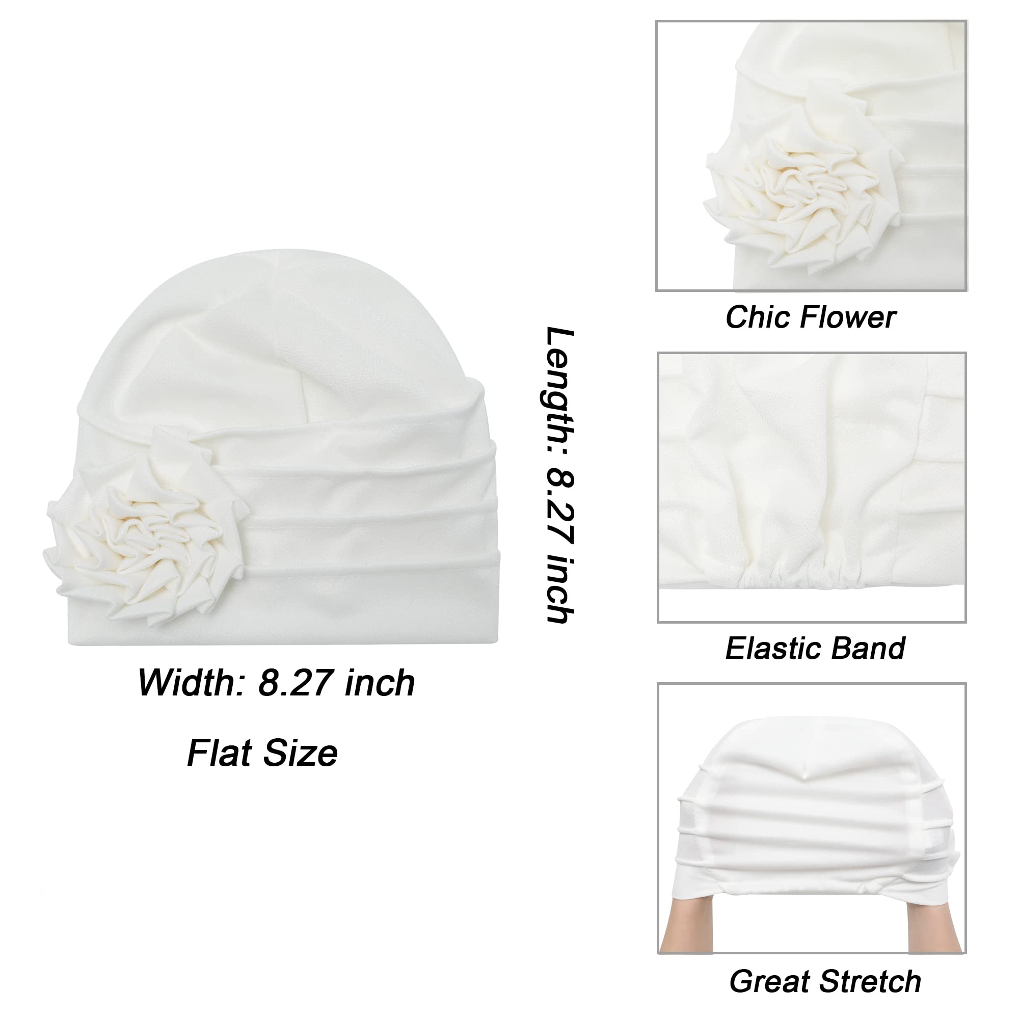 ZLYC Women Turban Beanie Hat with Flower Chemo Headwear Elastic Head Wrap Cap (Floral White)